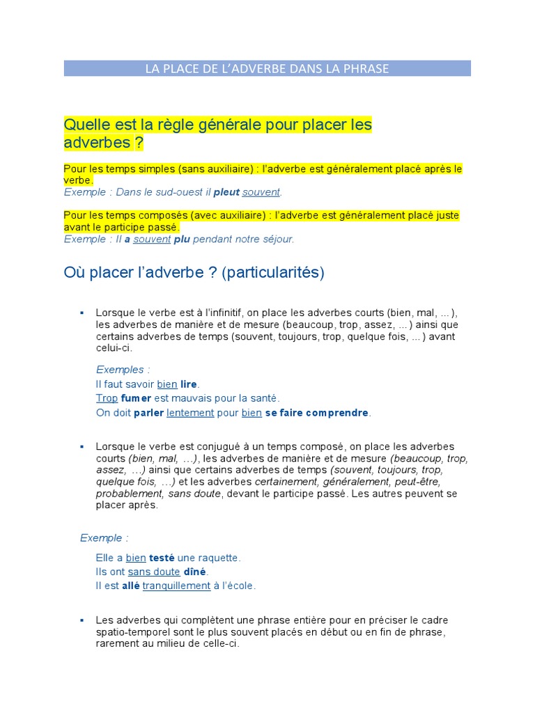 Maîtriser le Placement des Adverbes | PDF | Adverbe | Verbe