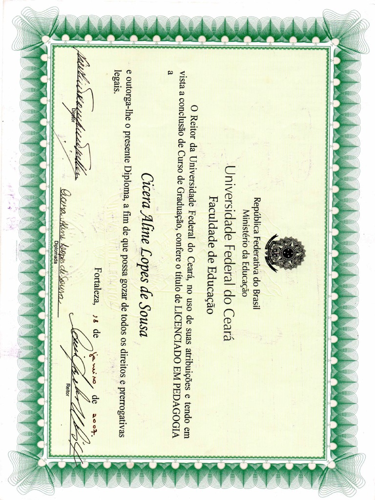 Diploma Graduaã Ã o Pedagogia Ufc Cicera Aline | PDF