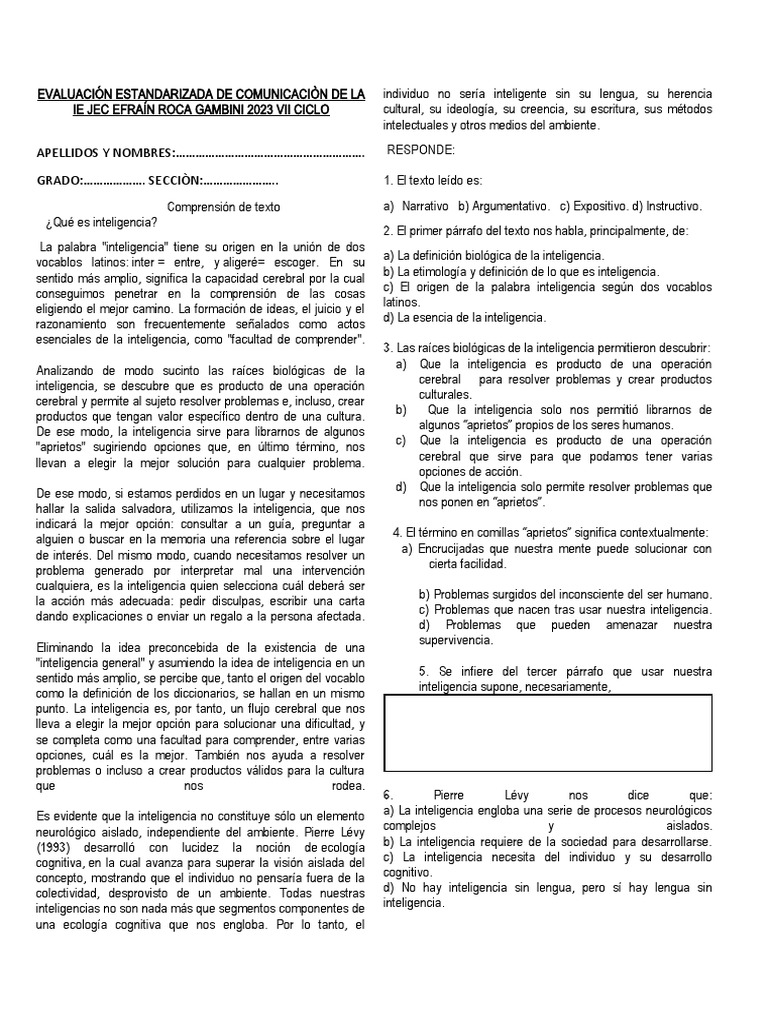 Evaluacion De Comunicacion 1º 2º Grado Pdf Inteligencia Concepto