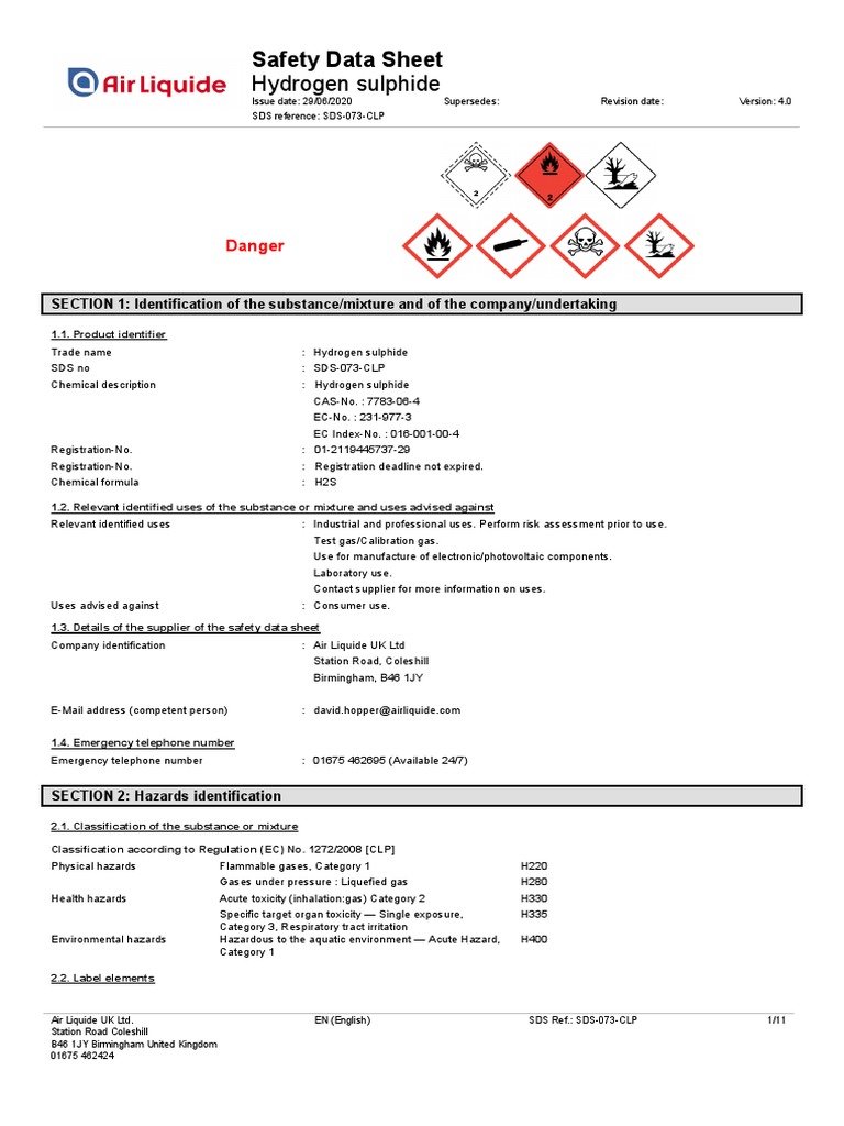 sds-073-clp Hydrogen Sulphide | PDF | Dangerous Goods | Toxicity