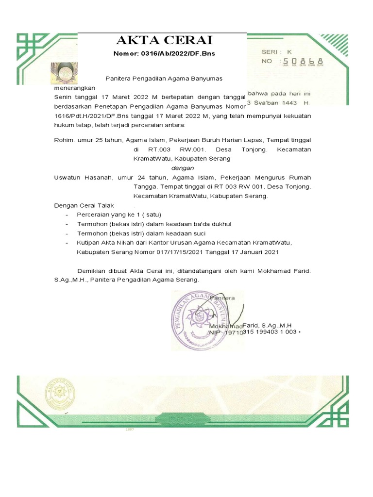 Akta Cerai Rohim dan Uswatun 2022 | PDF