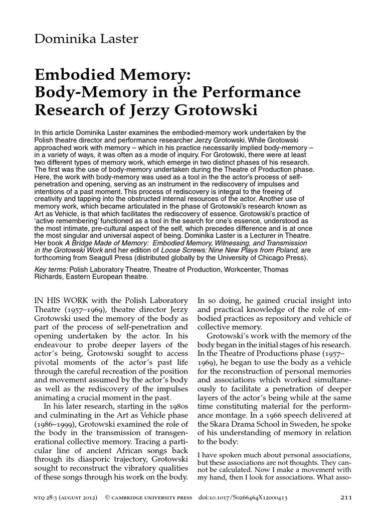 Laster.D.Embodied Memory - Body-Memory in The Performance Research of Jerzy Grotowski | PDF ...