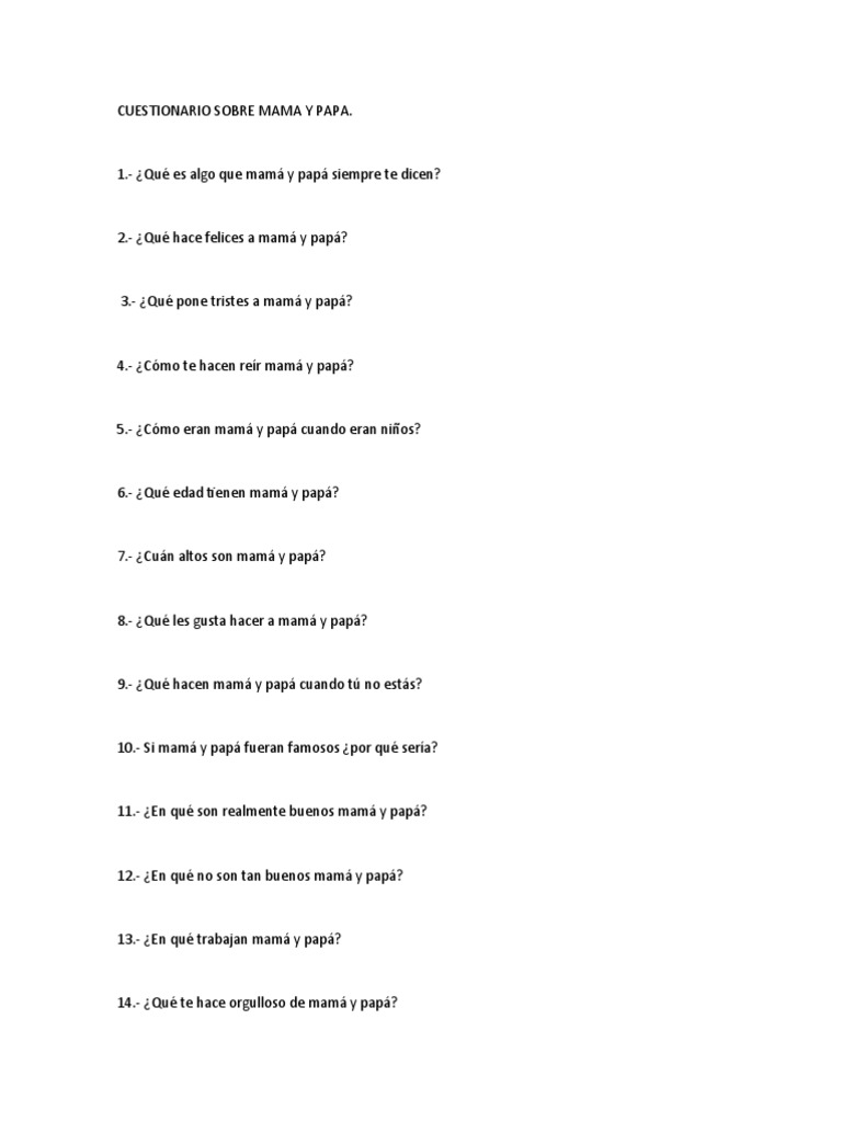 Cuestionario Sobre Mama y Papa | PDF