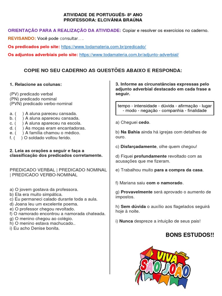 Atividade de Português: Predicados e Adjuntos | PDF