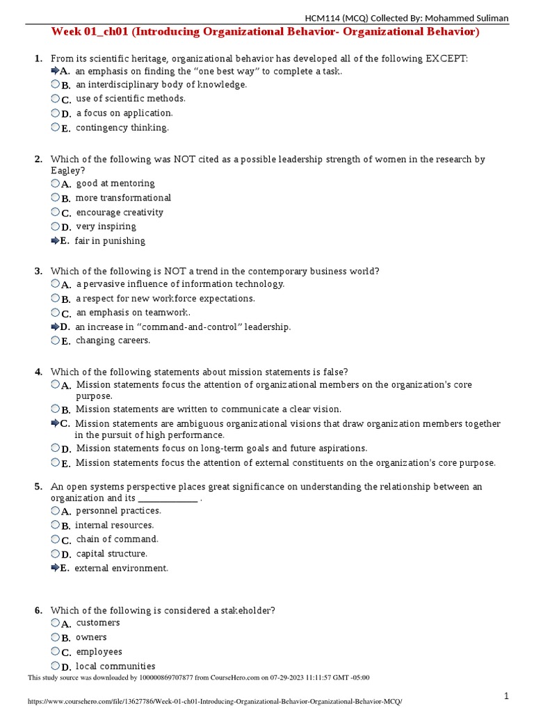 Week 01 ch01 Introducing Organizational Behavior Organizational Behavior MCQ | PDF