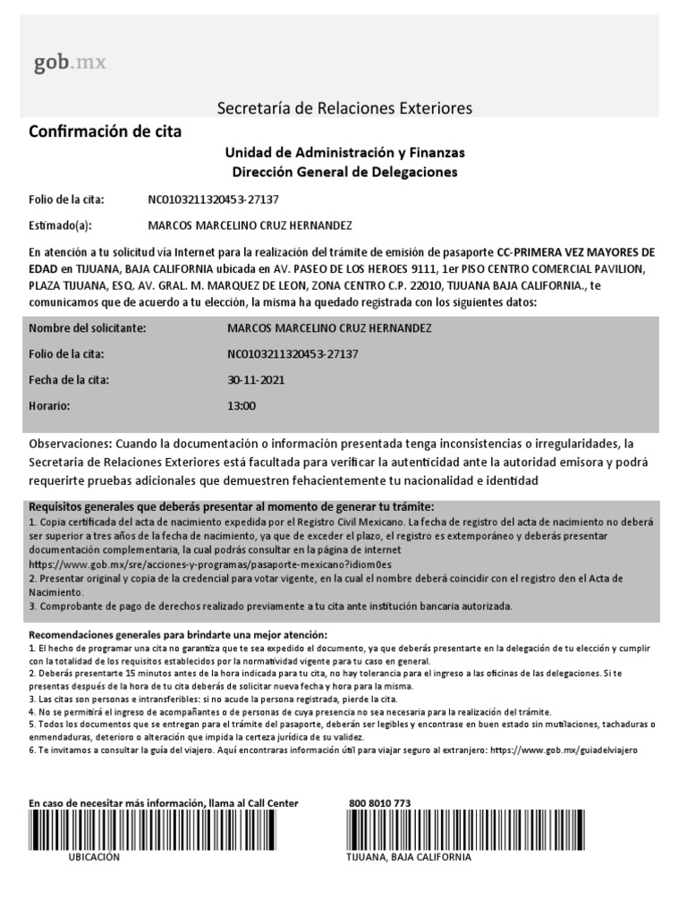 Confirmación de Cita | Descargar gratis PDF | Certificado de nacimiento | Gobierno