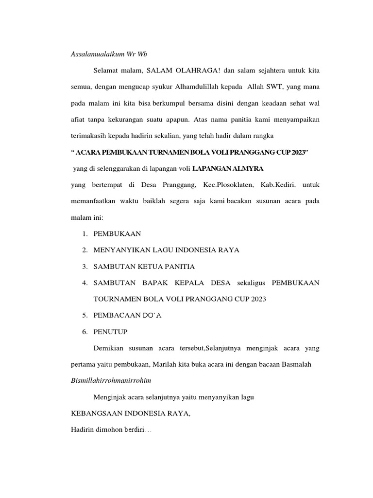 Teks Pembukaan Turnamen Bola Voli 2023 | PDF | Seni