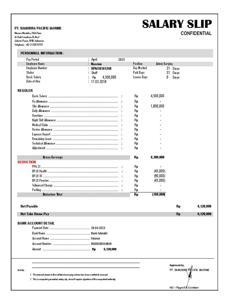 Gaji April 2023PT. SAMUDRA PACIFIC MARINE Nasrun SPM18161248 | PDF ...