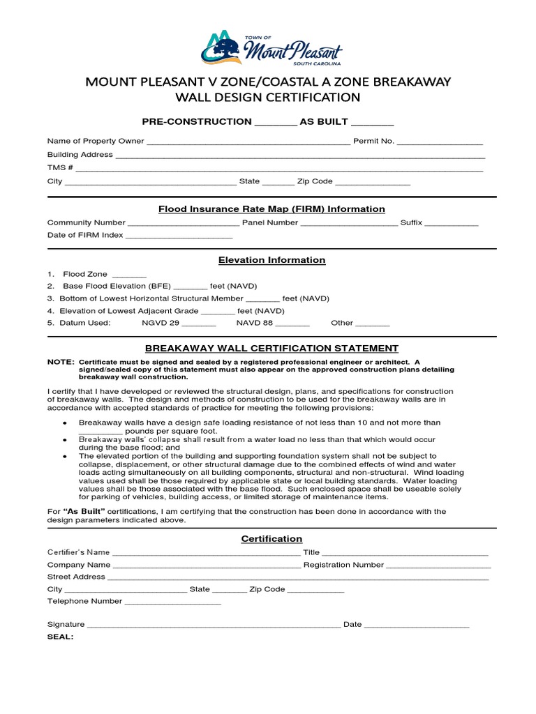 Coastal A and V Zone Breakaway Wall Certification With Logo | PDF | Flood