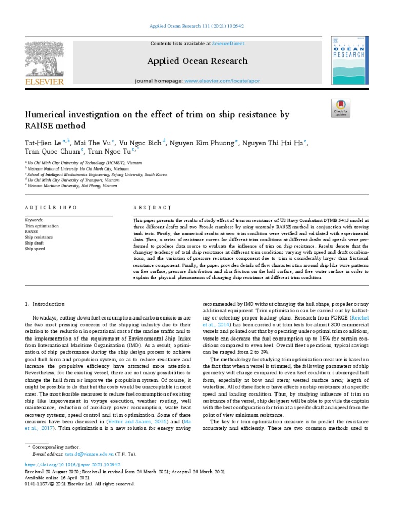Numerical Investigation On The Effect of Trim On Ship Resistance by RANSE Method | PDF ...