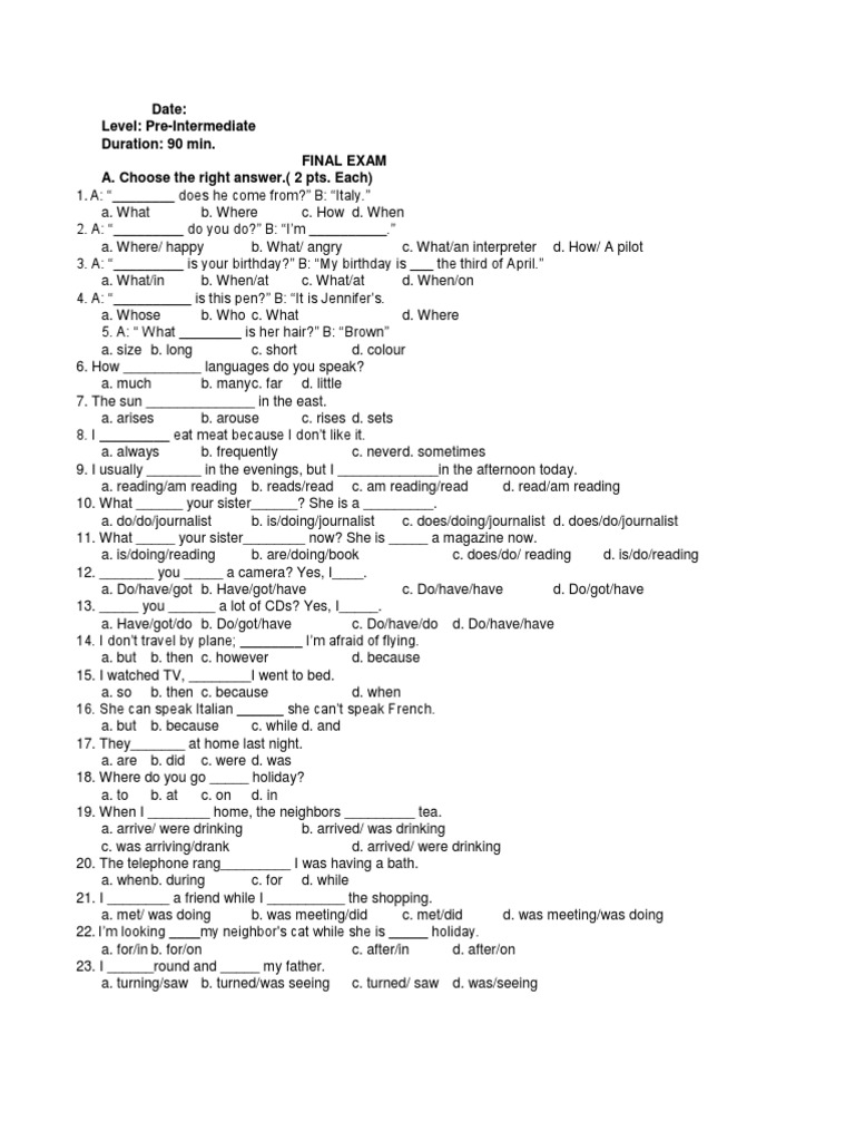 Pre-Intermediate Final Exam Guide | PDF