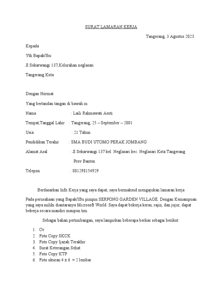 Surat Lamaran Kerja Laili R | PDF | Karier & Perkembangan