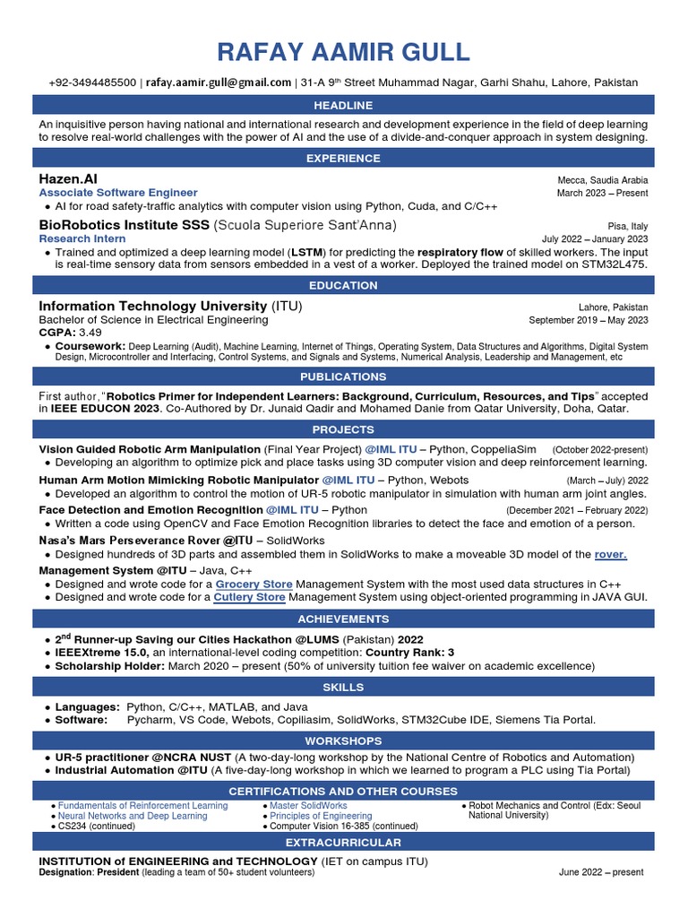 CV Rafay | PDF | Robotics | Deep Learning