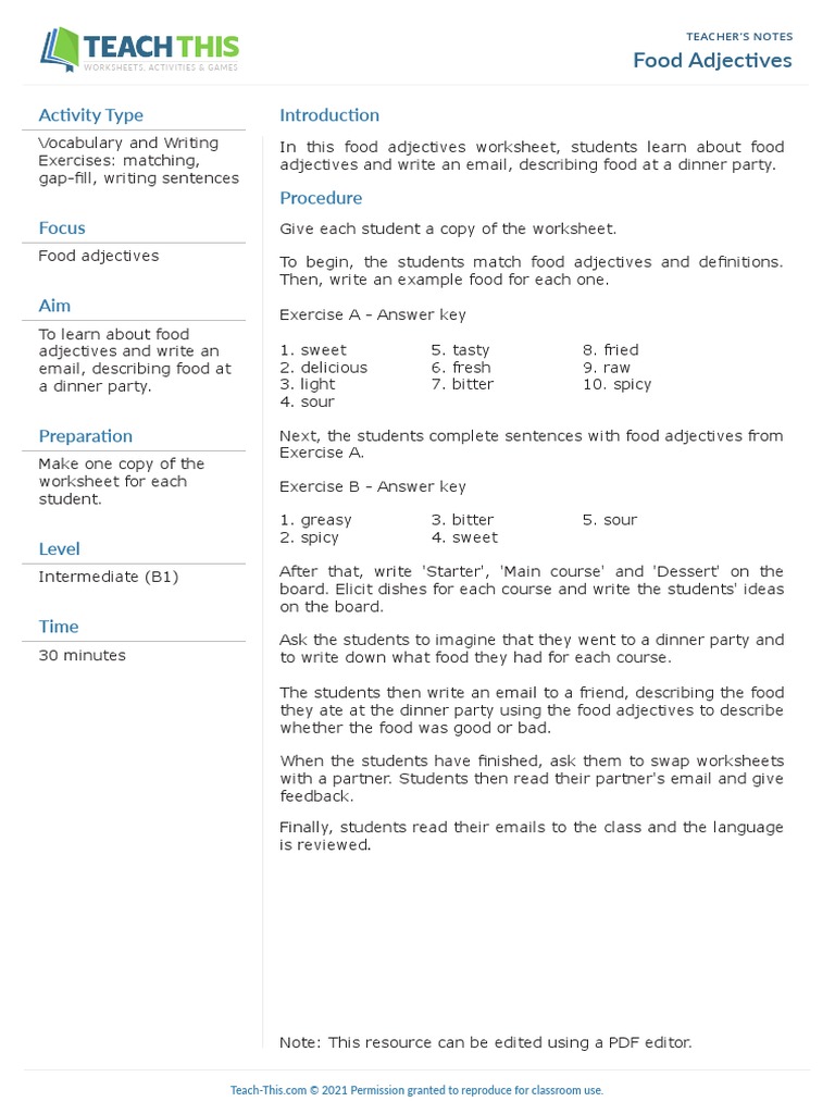 Food Adjectives Worksheet for ESL | PDF | Taste | Foods