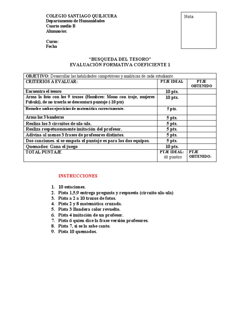 CSQ Pauta de Evaluación Búsqueda Del Tesoro. | PDF