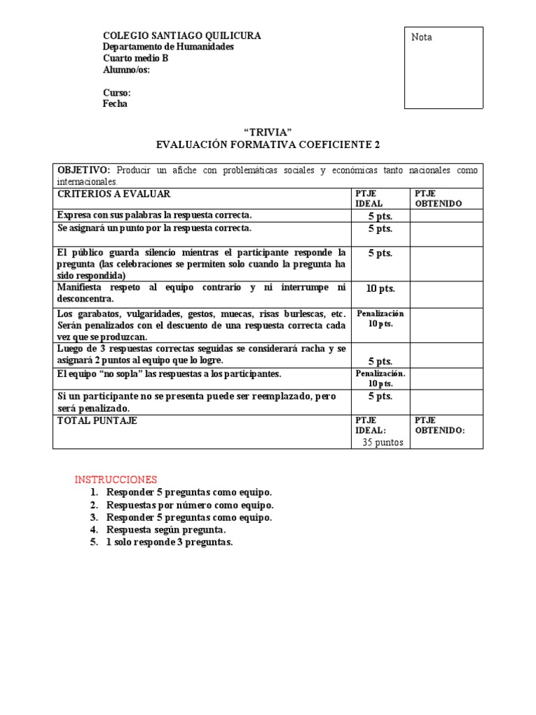 Evaluación Formativa de Trivia Escolar | PDF