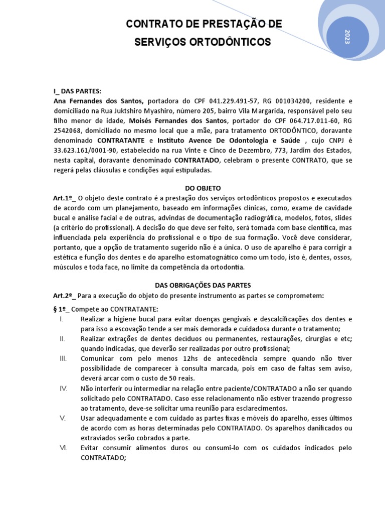Contrato Ortodontia Leticia Henn | PDF | Odontologia | Dente