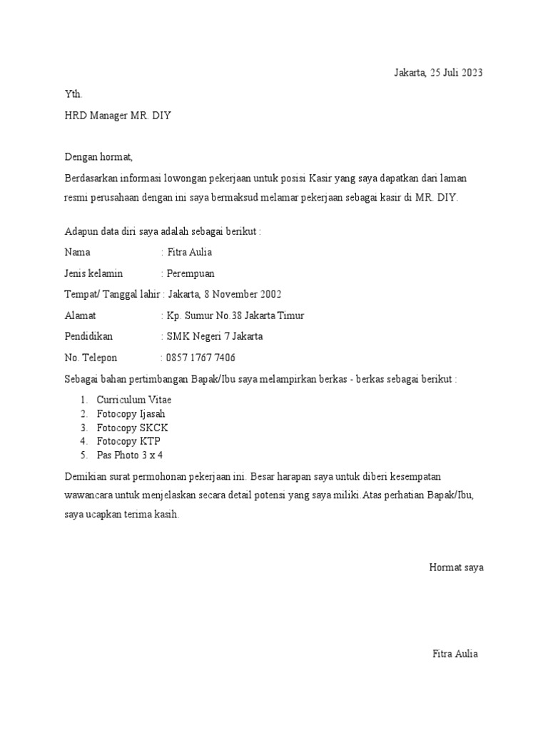 Lamaran Pekerjaan Kasir MR. DIY | PDF | Karier & Perkembangan | Hukum