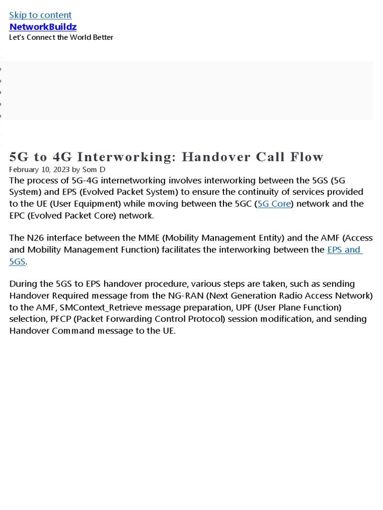 5G To 4G Interworking Handover Call Flow | PDF