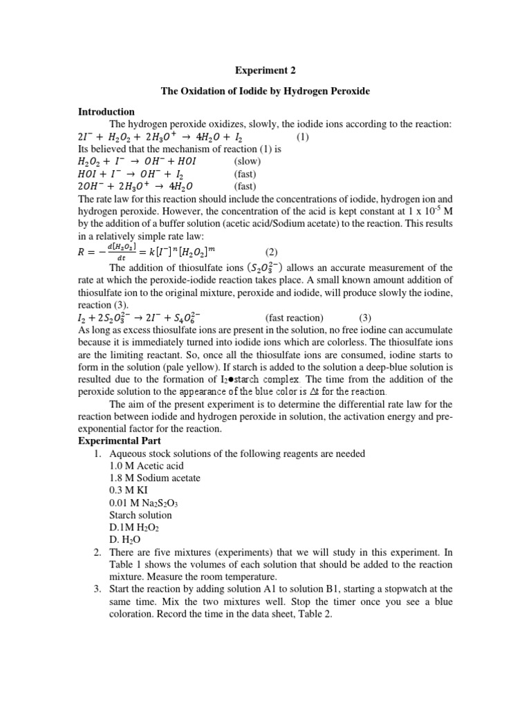 Experiment 2 - The Oxidation of Iodide by Hydrogen Peroxide | PDF