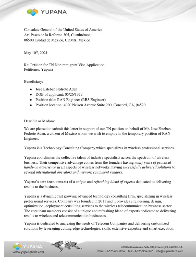 TN Visa Support Letter for RAN Engineer | PDF | Telecommunications ...