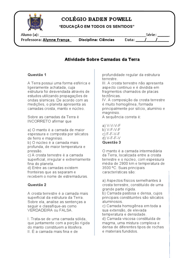 Atividade Sobre Camadas Da Terra 6° Ano | PDF | Terra | Crosta (Geologia)