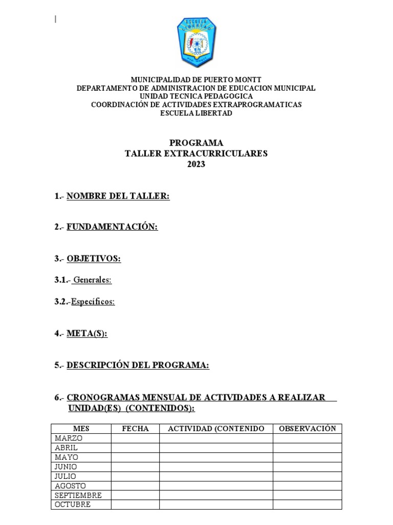 Formato Programa Talleres Extracurricular | PDF
