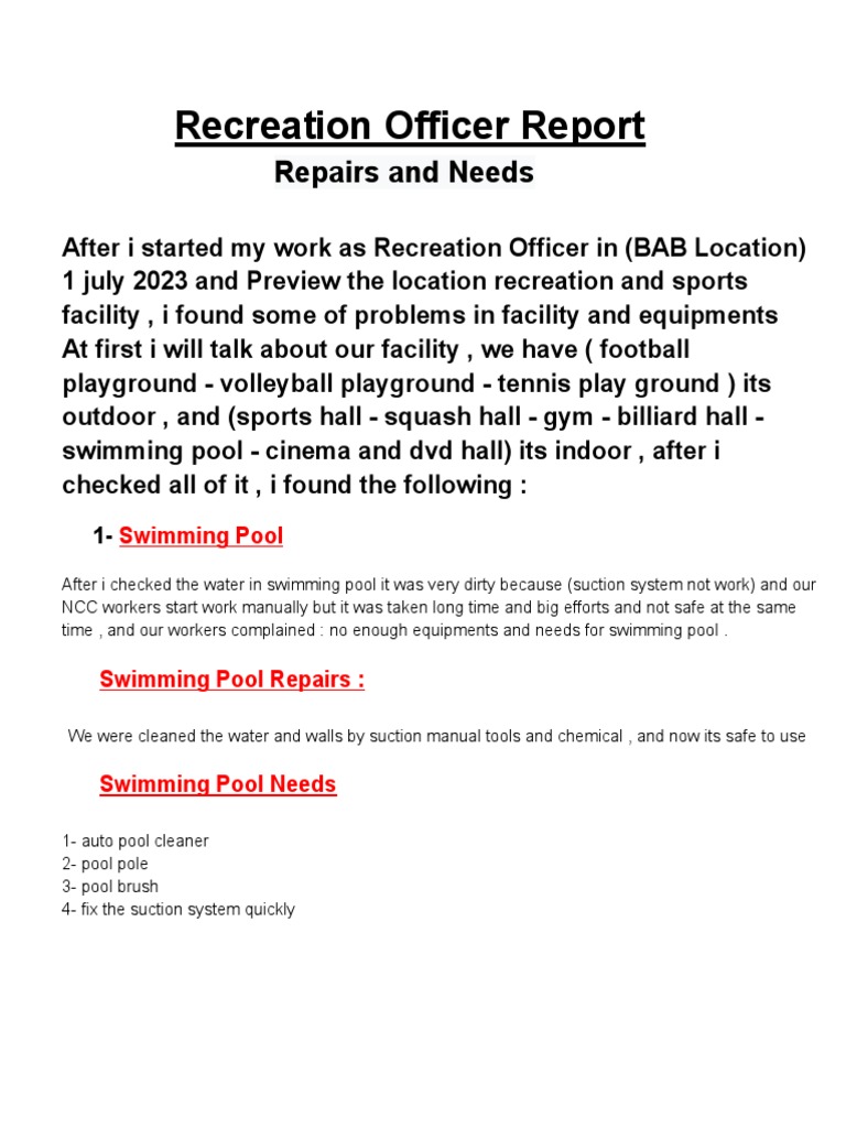 Recreation Officer Report | PDF | Pool (Cue Sports) | Indoor Sports Recreation Officer Report | PDF | Pool (Cue Sports) | Indoor Sports