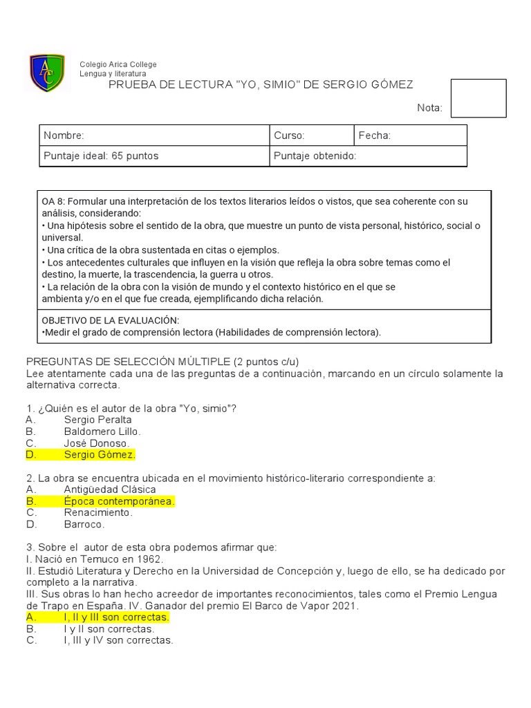 Prueba de Lectura: "Yo, Simio" | PDF | Autor | Comprensión lectora