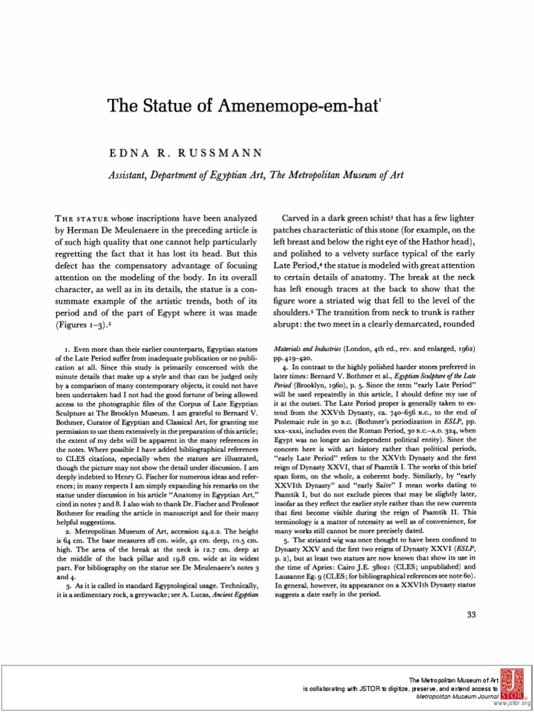 The Statue of Amenemope em Hat The Metropolitan Museum Journal V 8 1973 ...