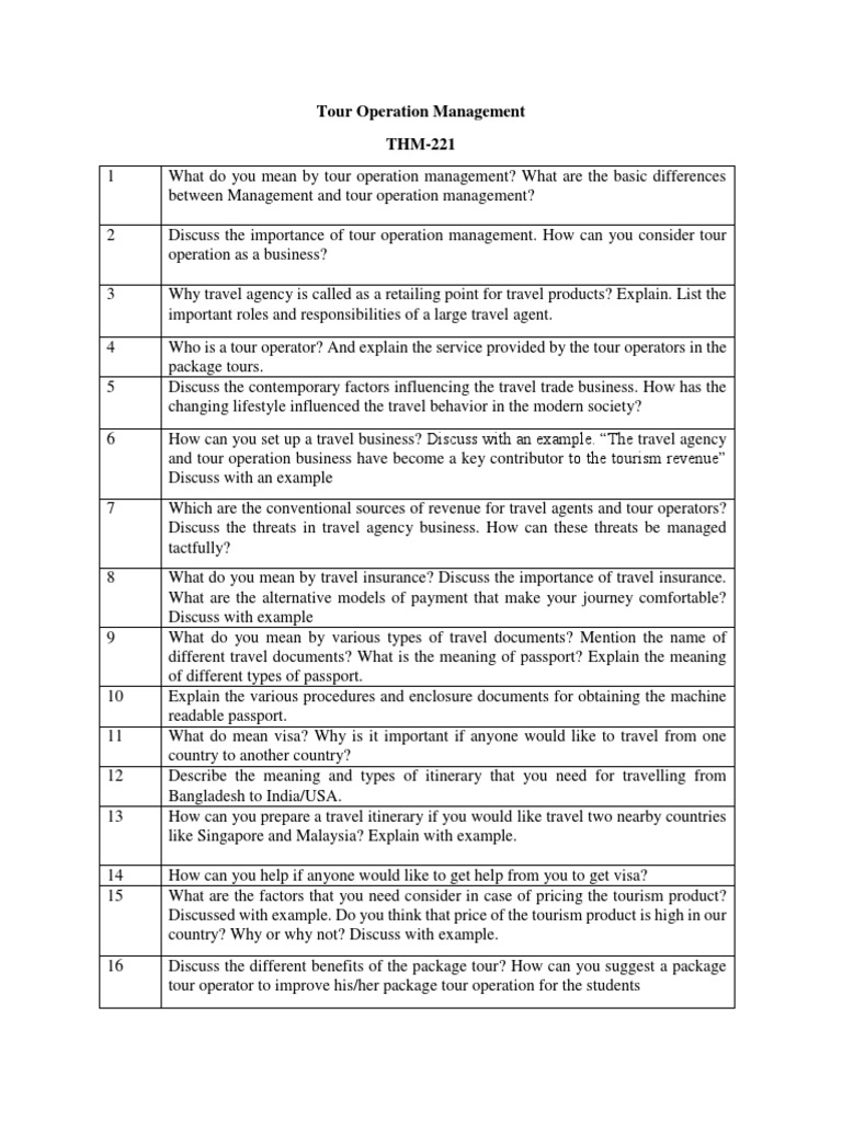 Notes On Tour Operation Management Question Answer. | Download Free PDF ...