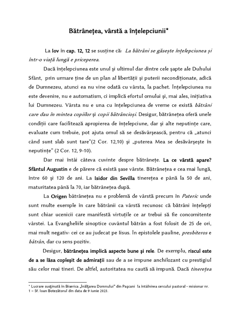 Batranetea Varsta Intelepciunii Pr. Leonardo Atudorei 9 Iunie 2023 | PDF