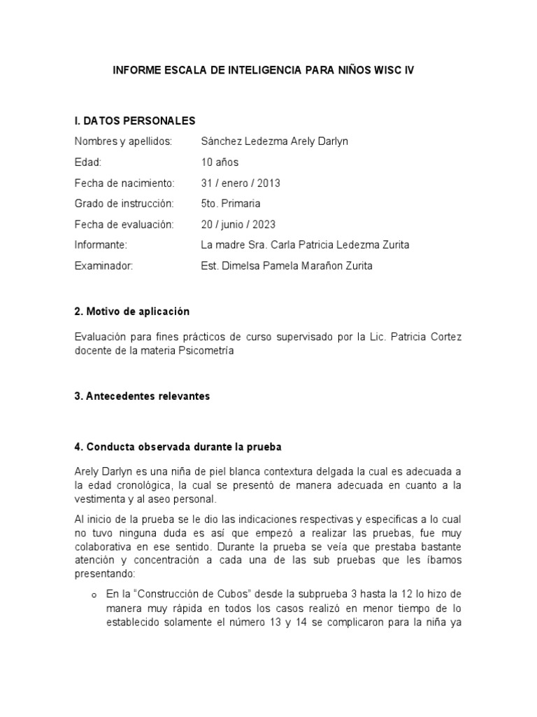 Informe Escala de Inteligencia para Niños | PDF | Inteligencia | Cognición