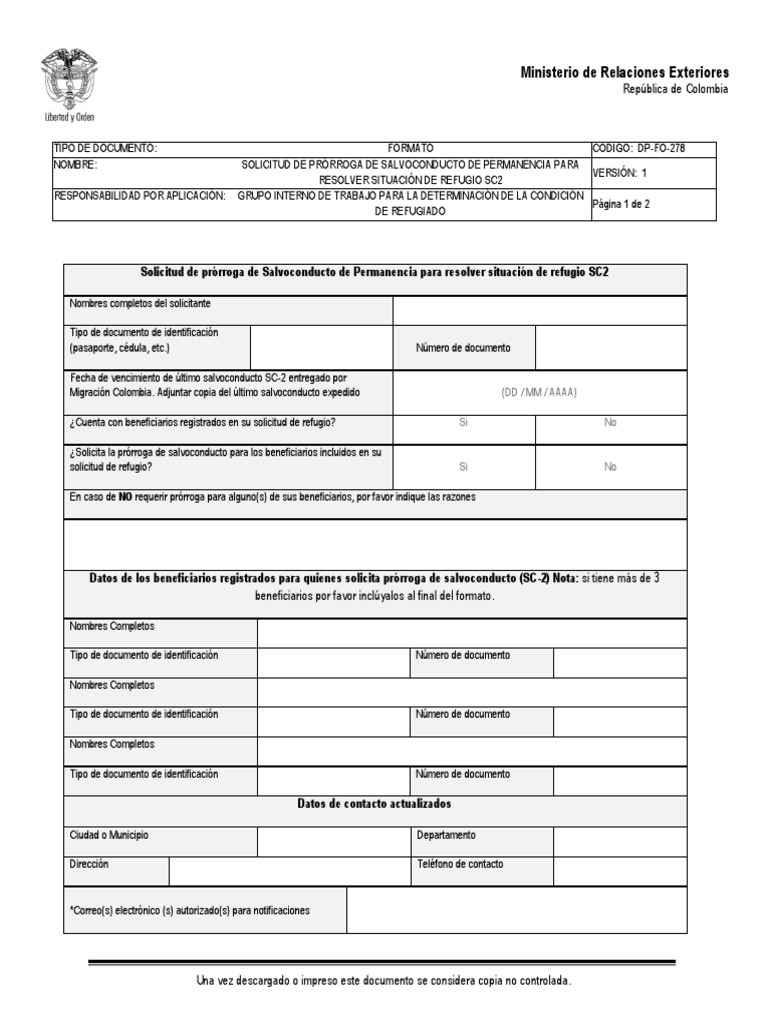 DP-FO-278 SOLICITUD DE PRÓRROGA DE SALVOCONDUCTO DE PERMANENCIA PARA RESOLVER SITUACIÓN DE ...