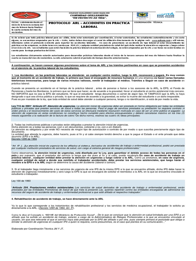 Protocolo ARL y Accidentalidad en Prácticas Laborales | PDF