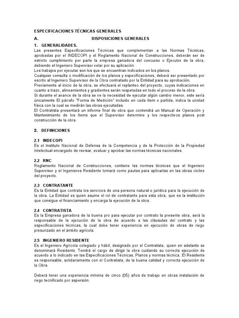 Especificaciones Técnicas de Riego Aspersión | PDF