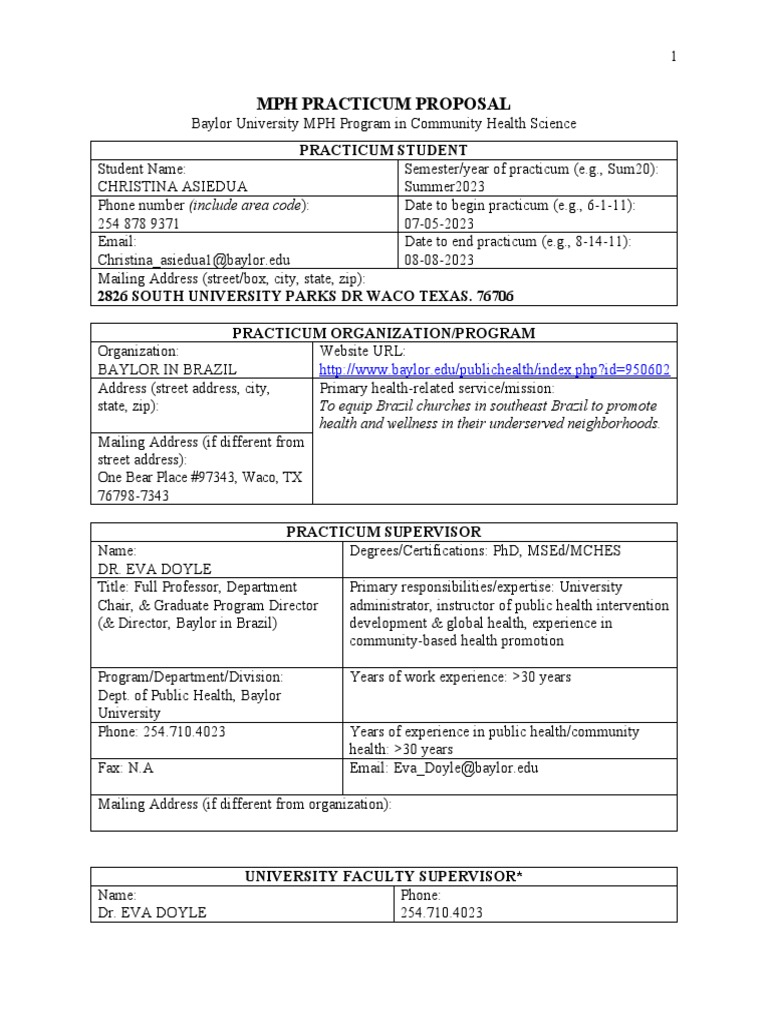 Baylor University MPH Practicum Proposal | PDF | Health Promotion | Leadership