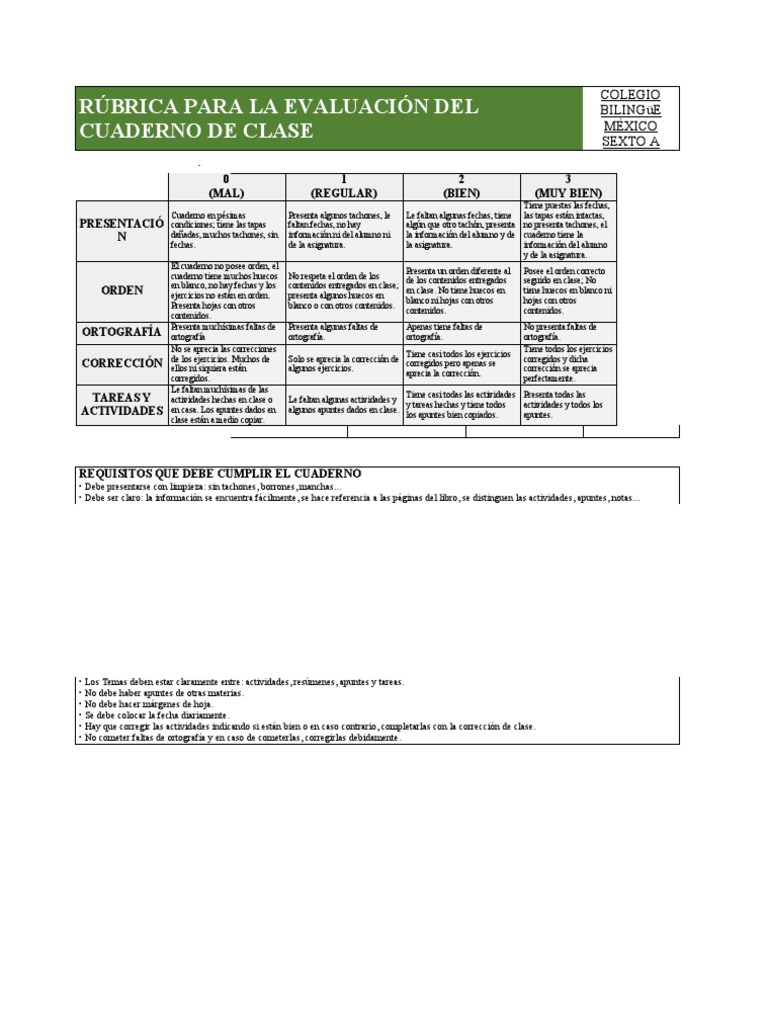 Rúbrica Para La Evaluación Del Cuaderno de Clase | PDF | Cuaderno