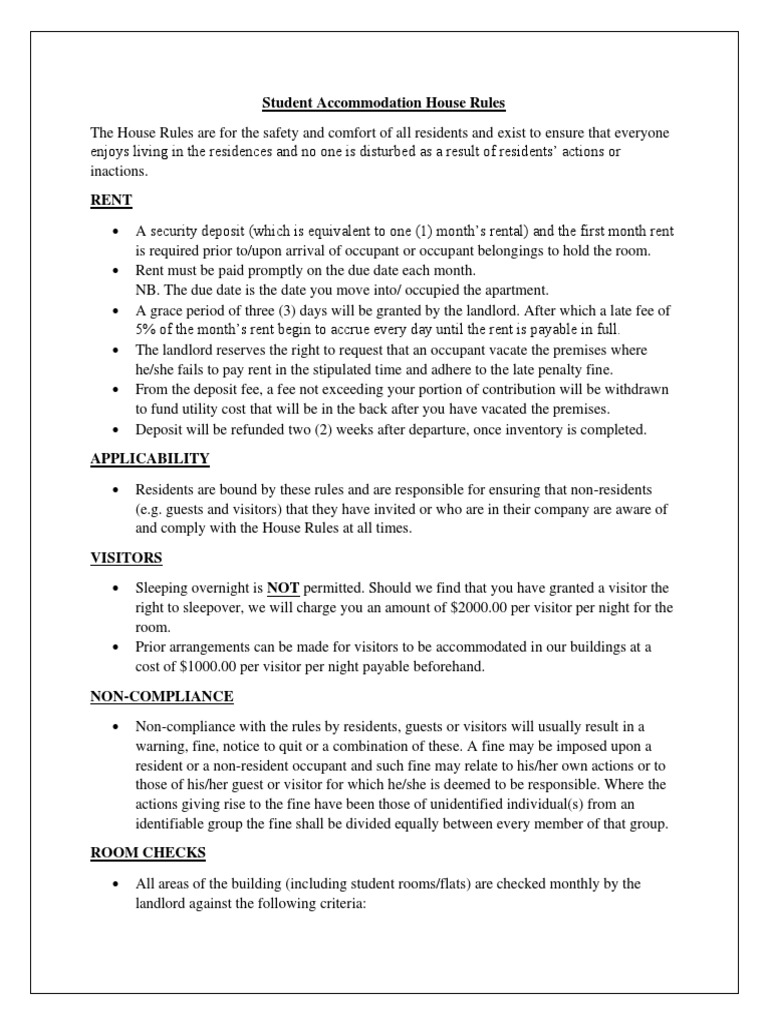 Student Accommodation House Rules Updated | PDF | Renting | Fee