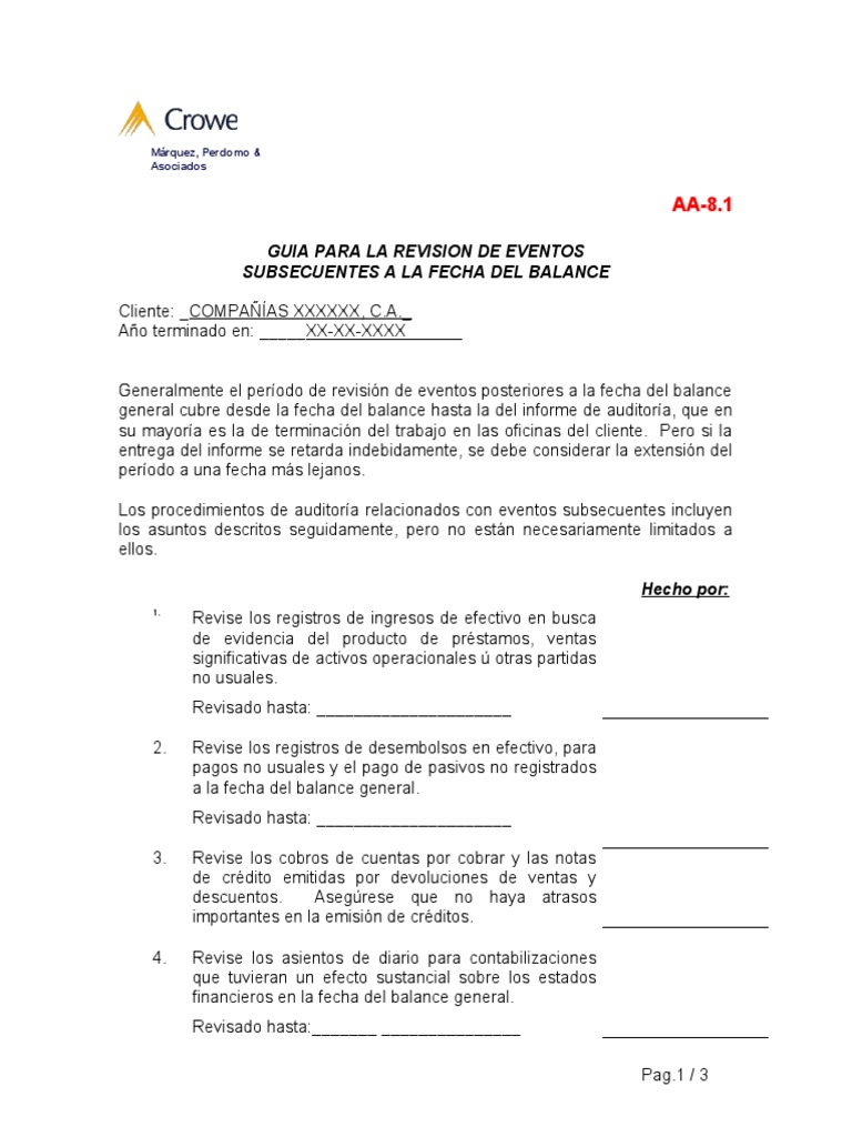Guía para la revisión de eventos subsecuentes a la fecha del balance AA ...