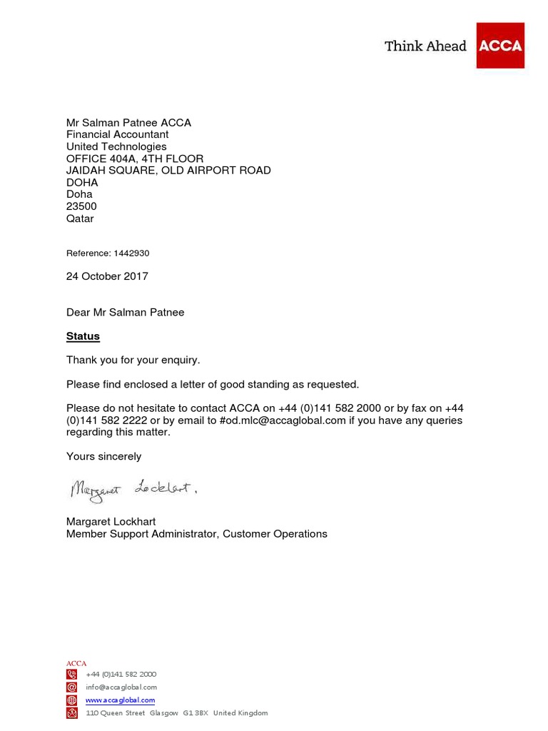 ACCA Letter of Good Standing Sample | PDF | Business