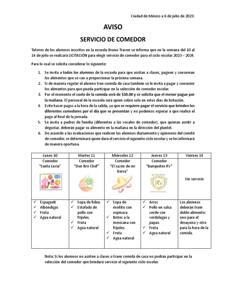 Comunicado Comedor Escolar | PDF | Alimentos | Cocina