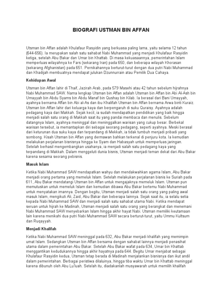 Biografi Singkat Utsman bin Affan | PDF | Klasik