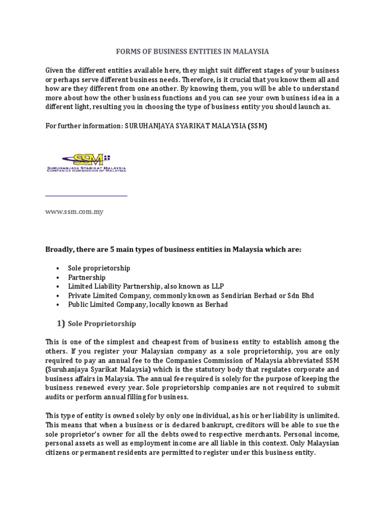 Forms of Business Entities in Malaysia | PDF | Limited Liability ...