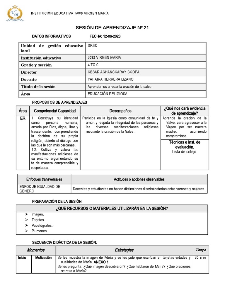 SESION DE APRENDIZAJE 12-06-2023ER (1) La Salve | PDF SESION DE APRENDIZAJE 12-06-2023ER (1) La Salve | PDF