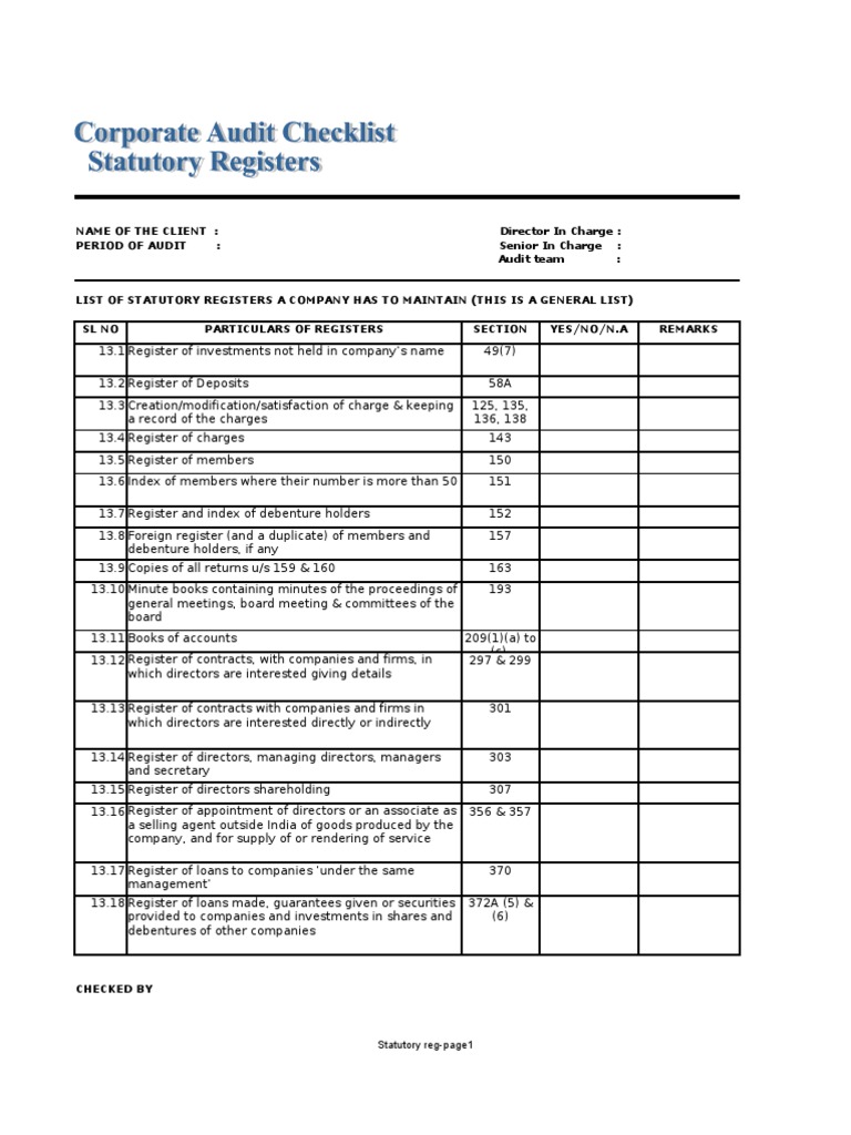 Statutory Audit Checklist for Companies | PDF | Auditor's Report | Audit
