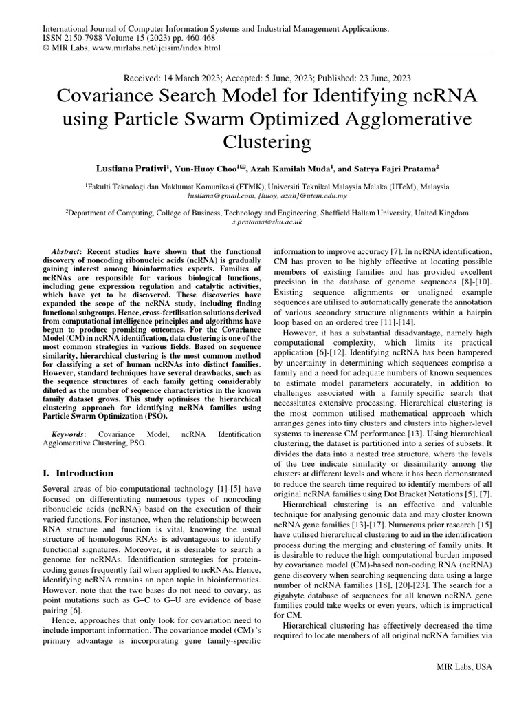 Covariance Search Model For Identifying ncRNA Using Particle Swarm Optimized Agglomerative ...