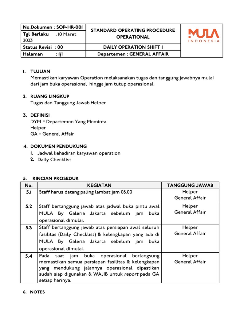 SOP-HR-001 Daily Operation Shift 1 | PDF
