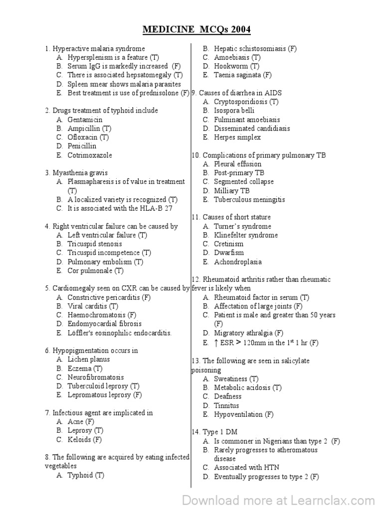 M1-Medicine MCQs-2004-UNILORIN | PDF | Stomach | Hepatitis