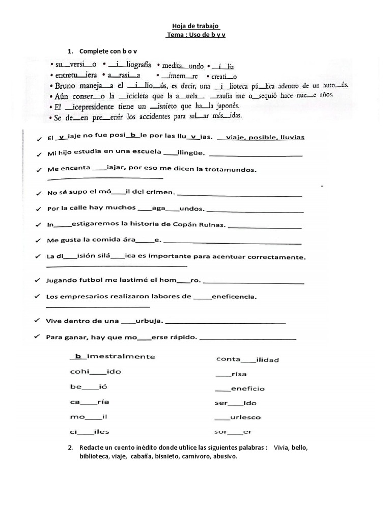 Hoja de Trabajo: Uso de B y V | PDF